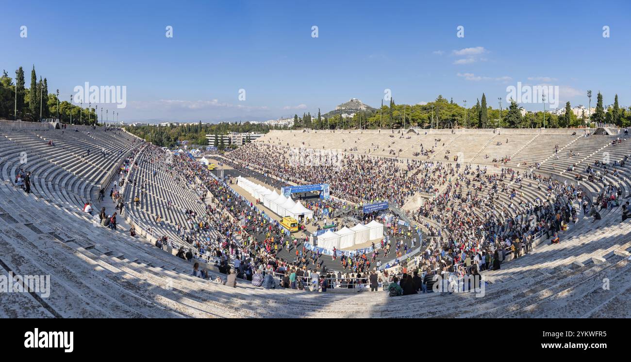 A panorama picture of the finish line of the 2022 edition of the Athens ...
