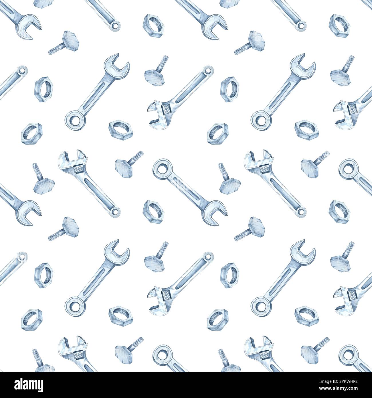 Arrangement of wrenches, nuts, and bolts in watercolor illustration ...