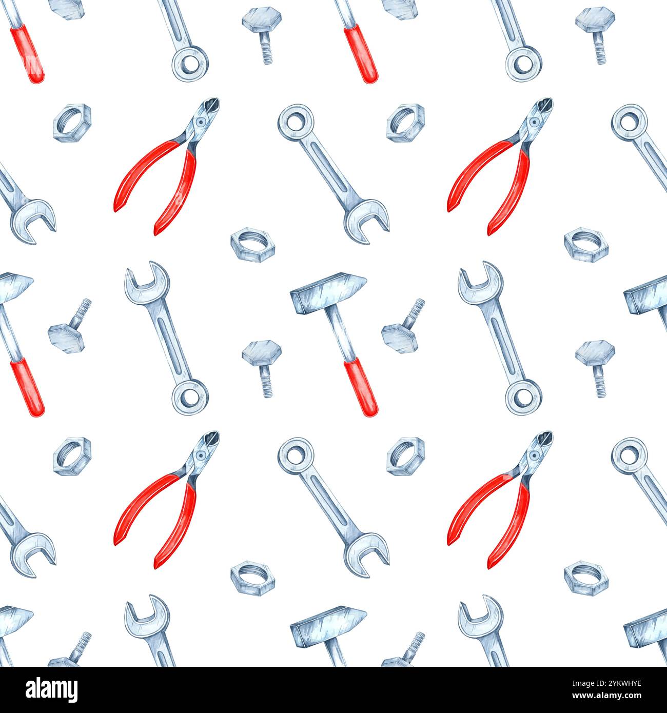 A watercolor illustration of wrenches, screws, and nuts in a seamless ...