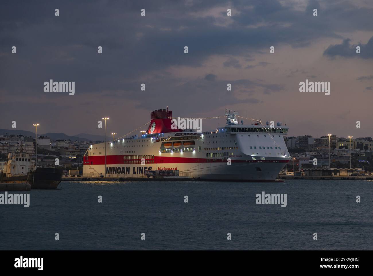 A picture of a Minoan Lines ferry at the Heraklion Port, at sunset ...