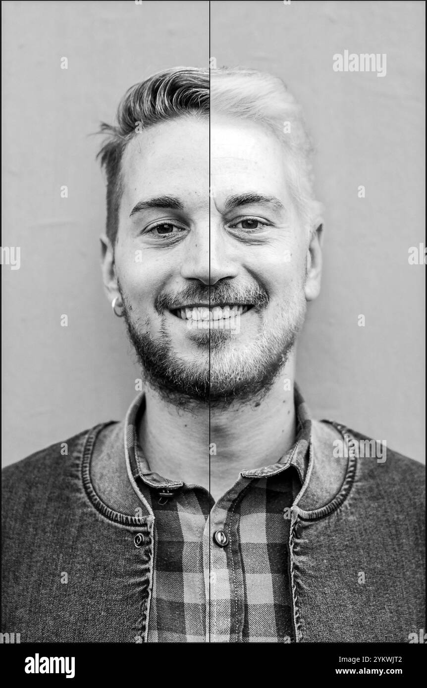 Split portrait of a man showing age progression with young and aged ...