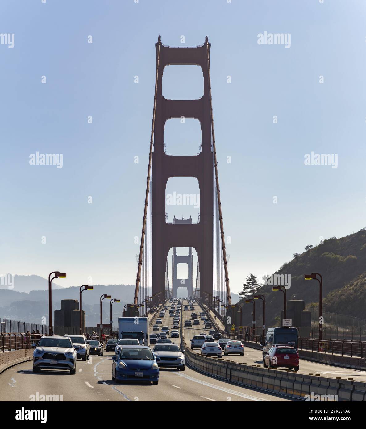 A picture of the Golden Gate Bridge traffic as seen through the center ...