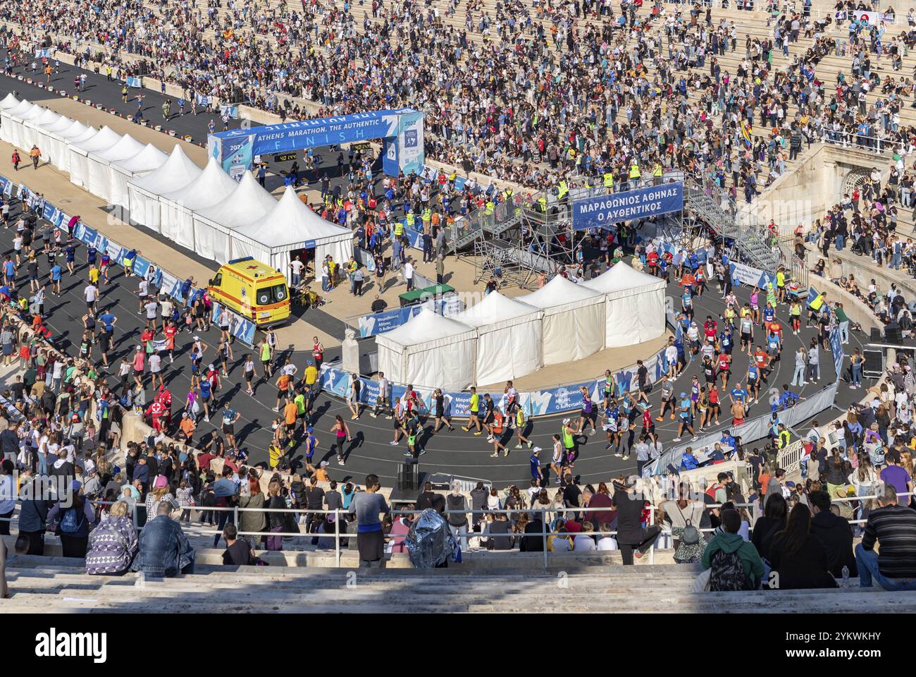 A picture of the finish line of the 2022 edition of the Athens Marathon ...