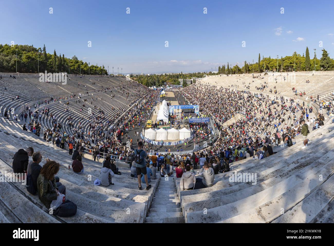 A picture of the finish line of the 2022 edition of the Athens Marathon ...
