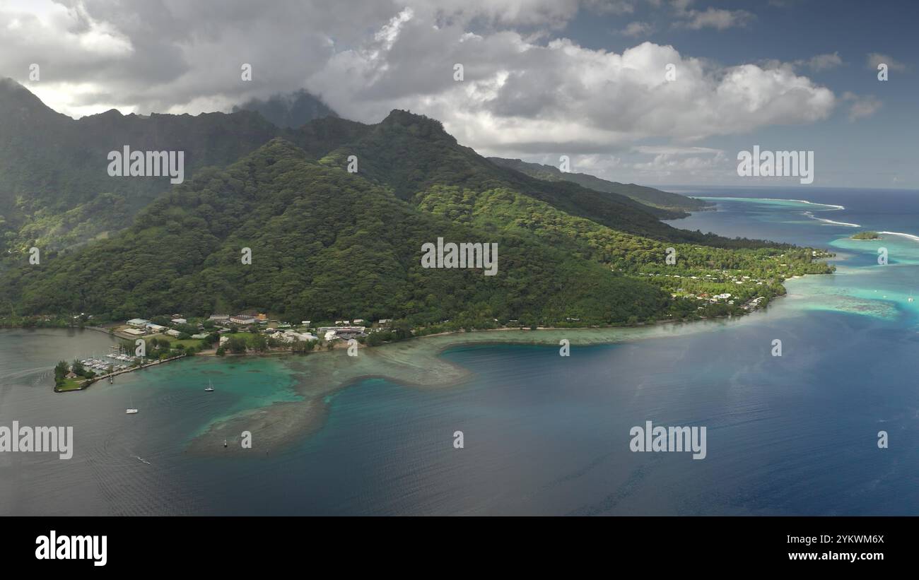 Aerial panorama of Moorea island in French Polynesia, showing green ...