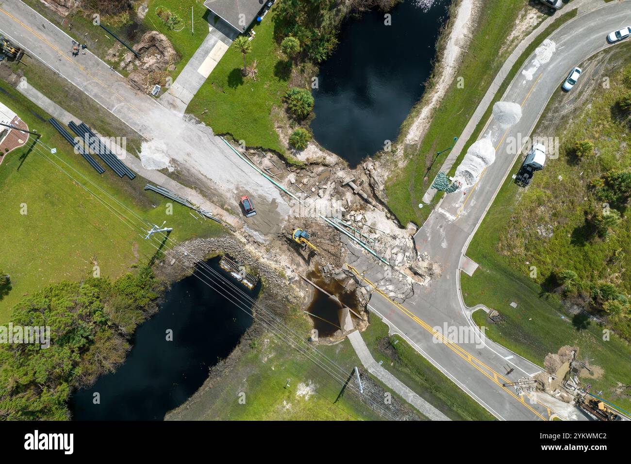 Destroyed bridge after hurricane flooding in Florida. Construction ...
