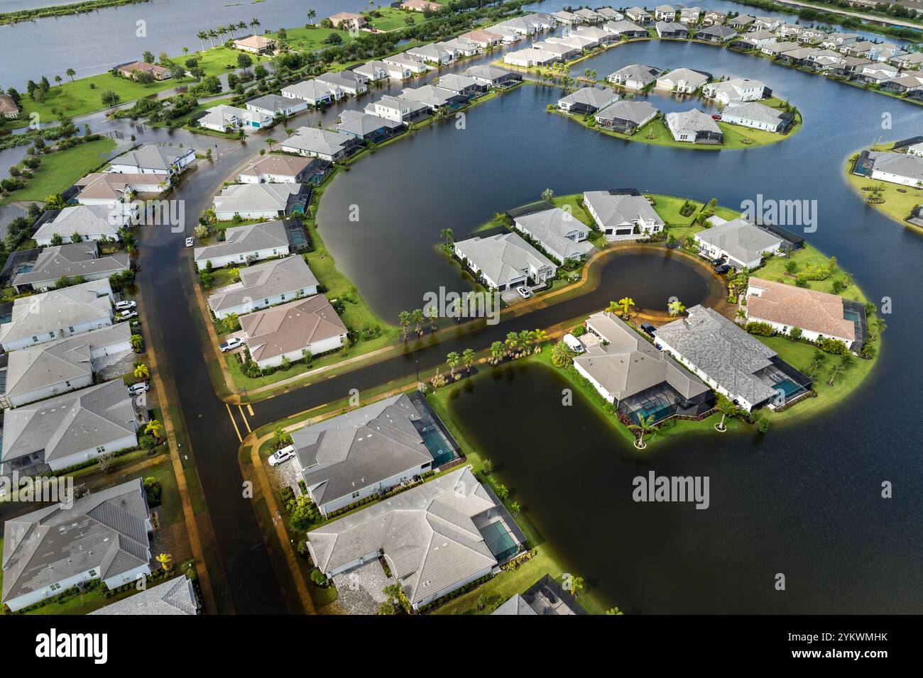 Flooded residential area with underwater houses from hurricane rainfall ...