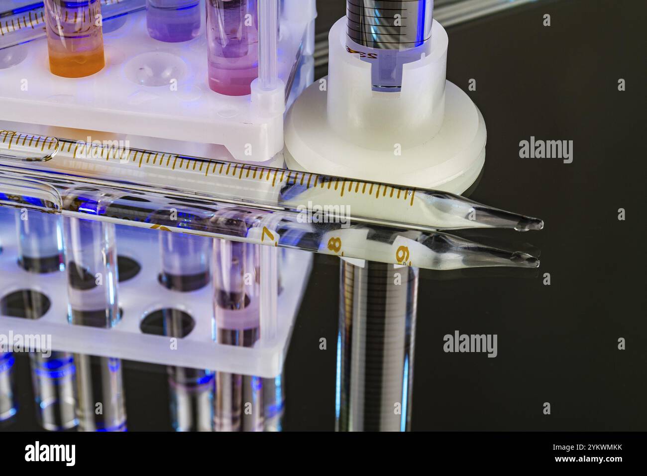 Close up laboratory glass pipette and test tubes. Lab medicine ...