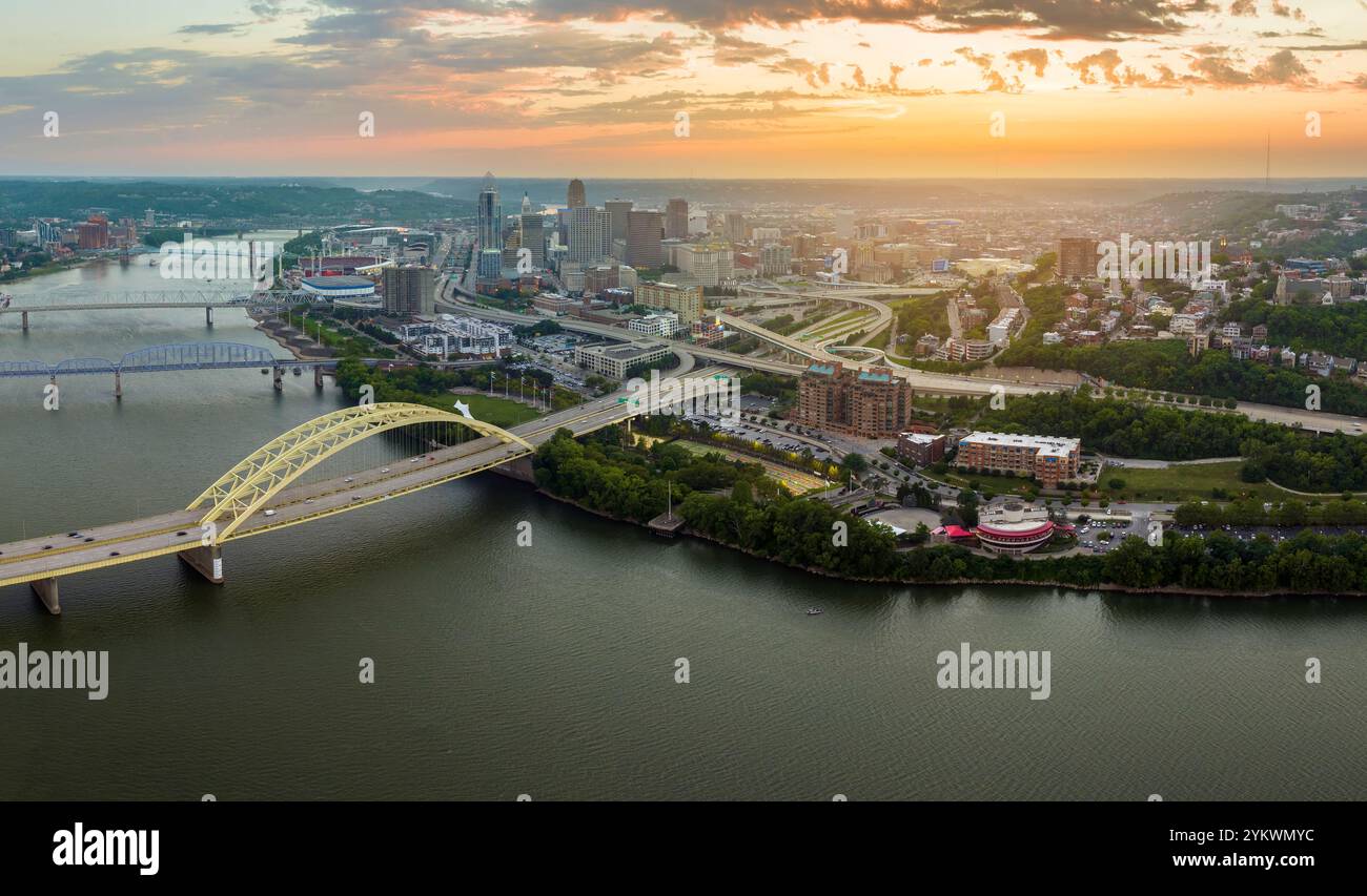 Highway traffic with driving cars on bridge in downtown district of ...