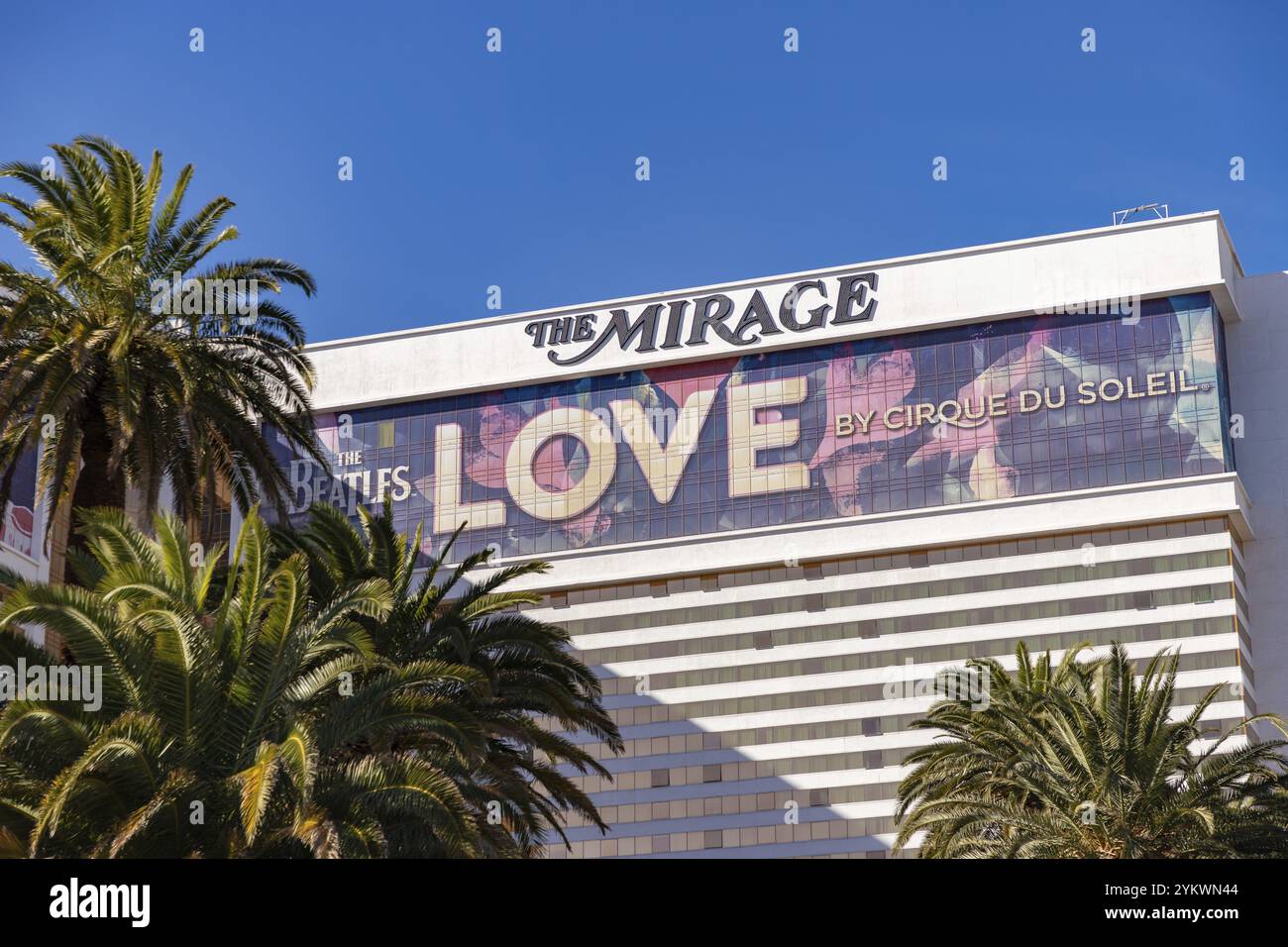 A picture of the Mirage with a large ad of the show Love by Cirque du ...