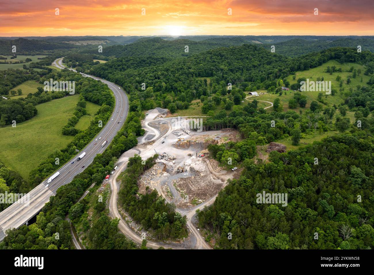 Industrial open-pit mining site with limestone quarry at mountain ...