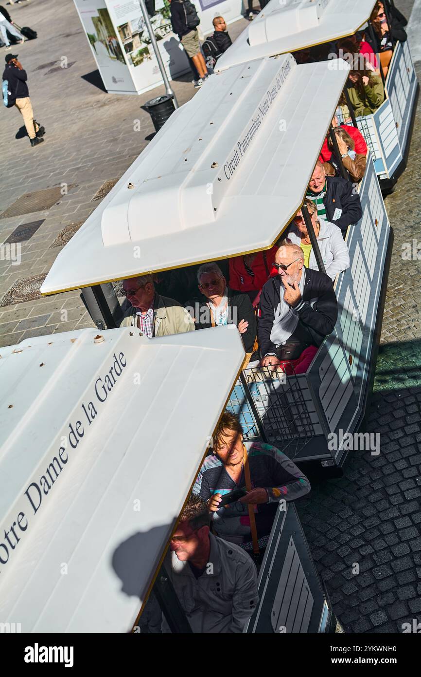 Marseille. France - November 19,2024: A white and blue tourist train ...