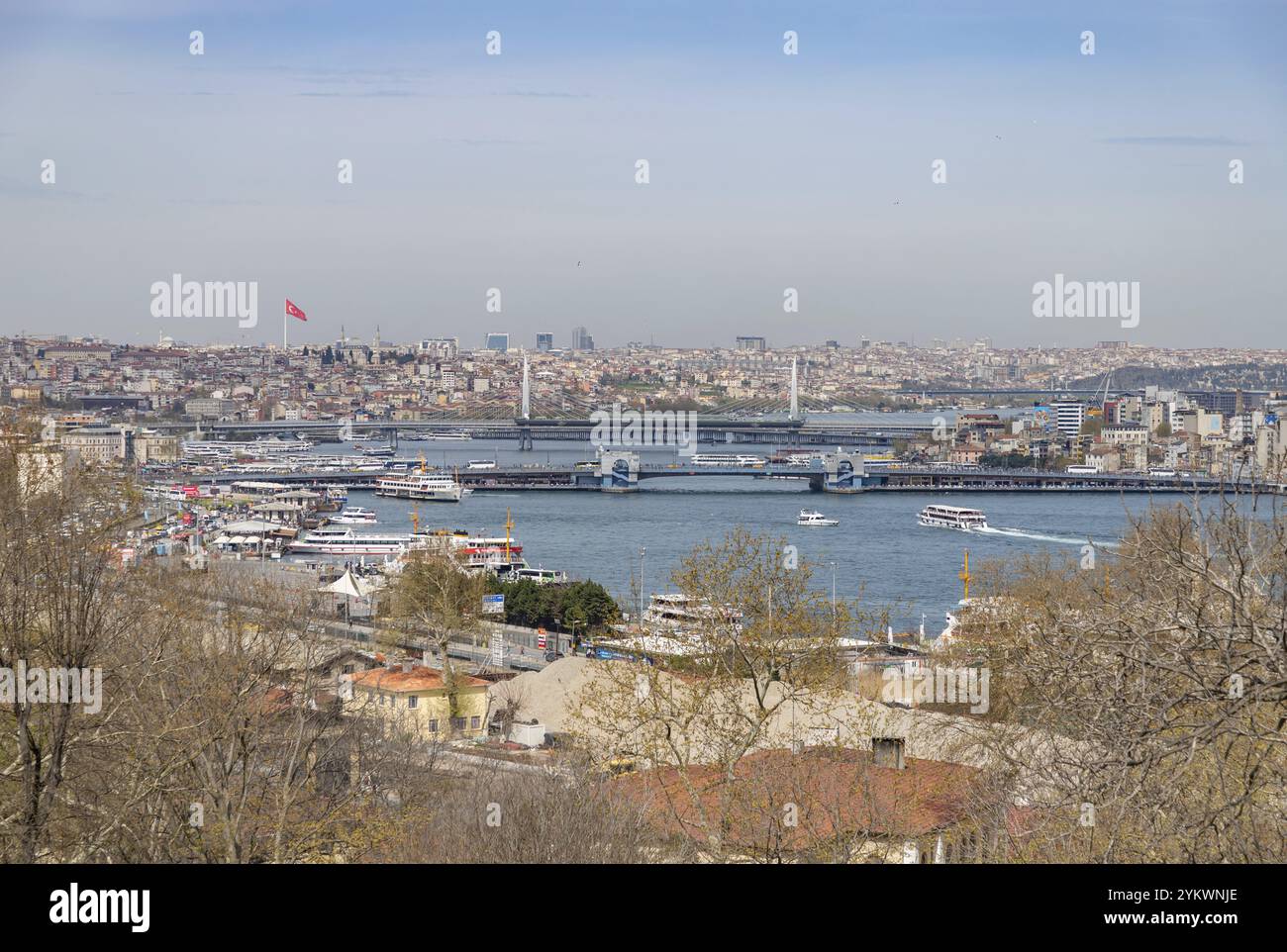 A picture of the Golden Horn through which four bridges can be seen ...
