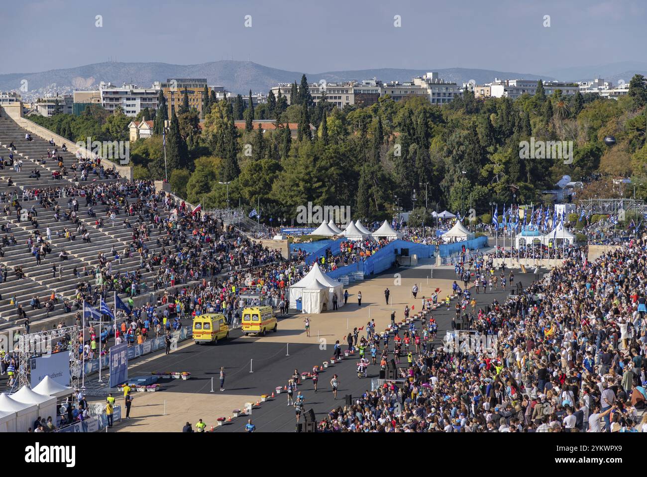 A picture of the finish line of the 2022 edition of the Athens Marathon ...