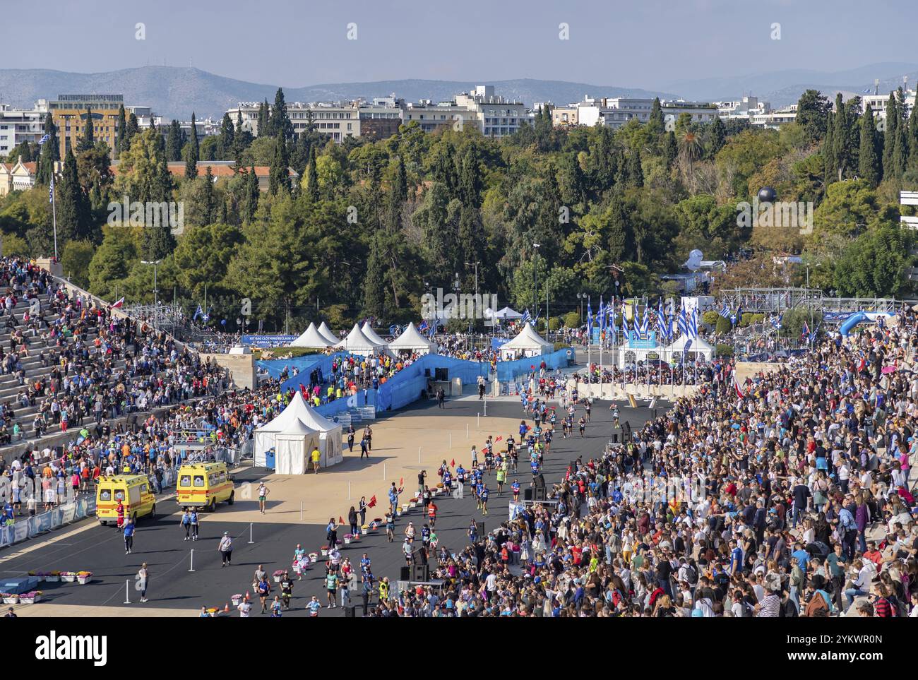 A picture of the finish line of the 2022 edition of the Athens Marathon ...