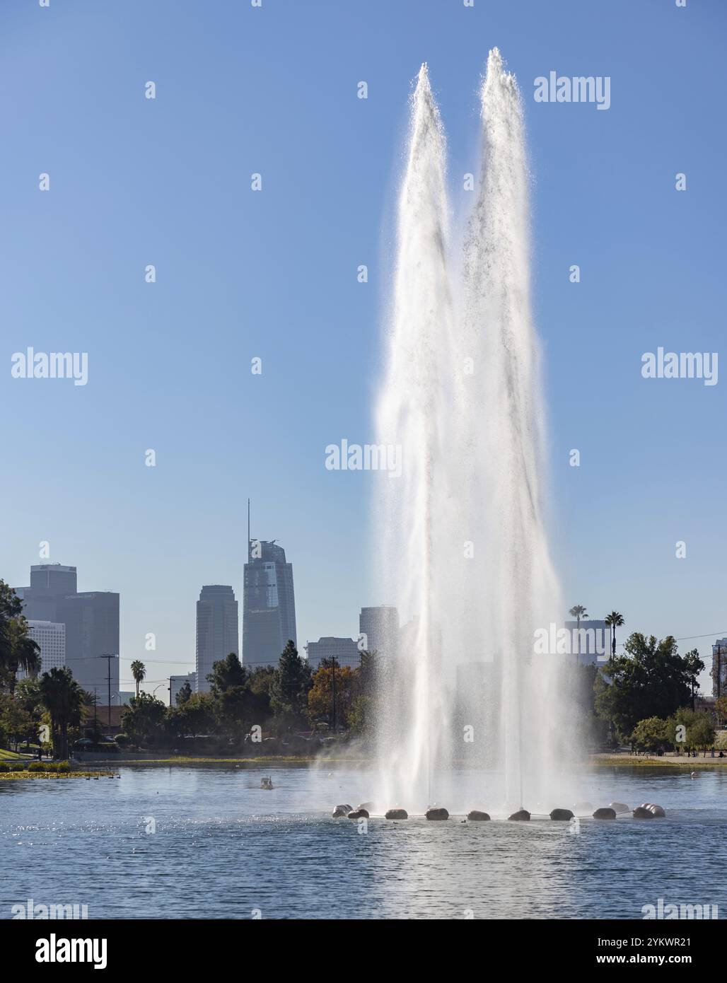 A picture of the Echo Park Lake and its geiser shooting from the middle ...