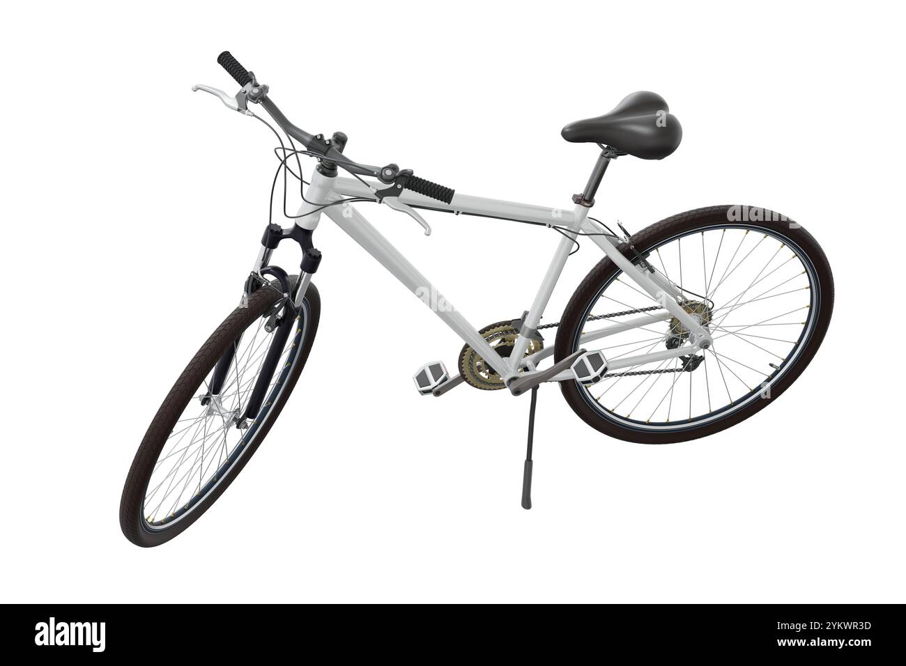 White bicycle standing while leaning on kickstand, side top view. Bike ...