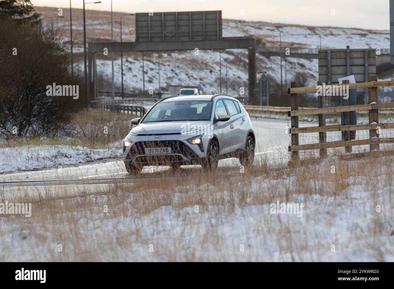 A snowy end to the day on the M62 as it passes over the highest part of ...
