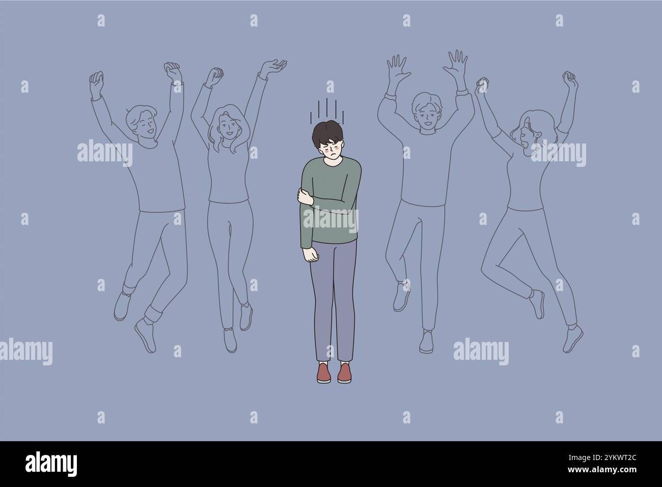 Loneliness in society and crowd concept. Upset young lonely man cartoon ...