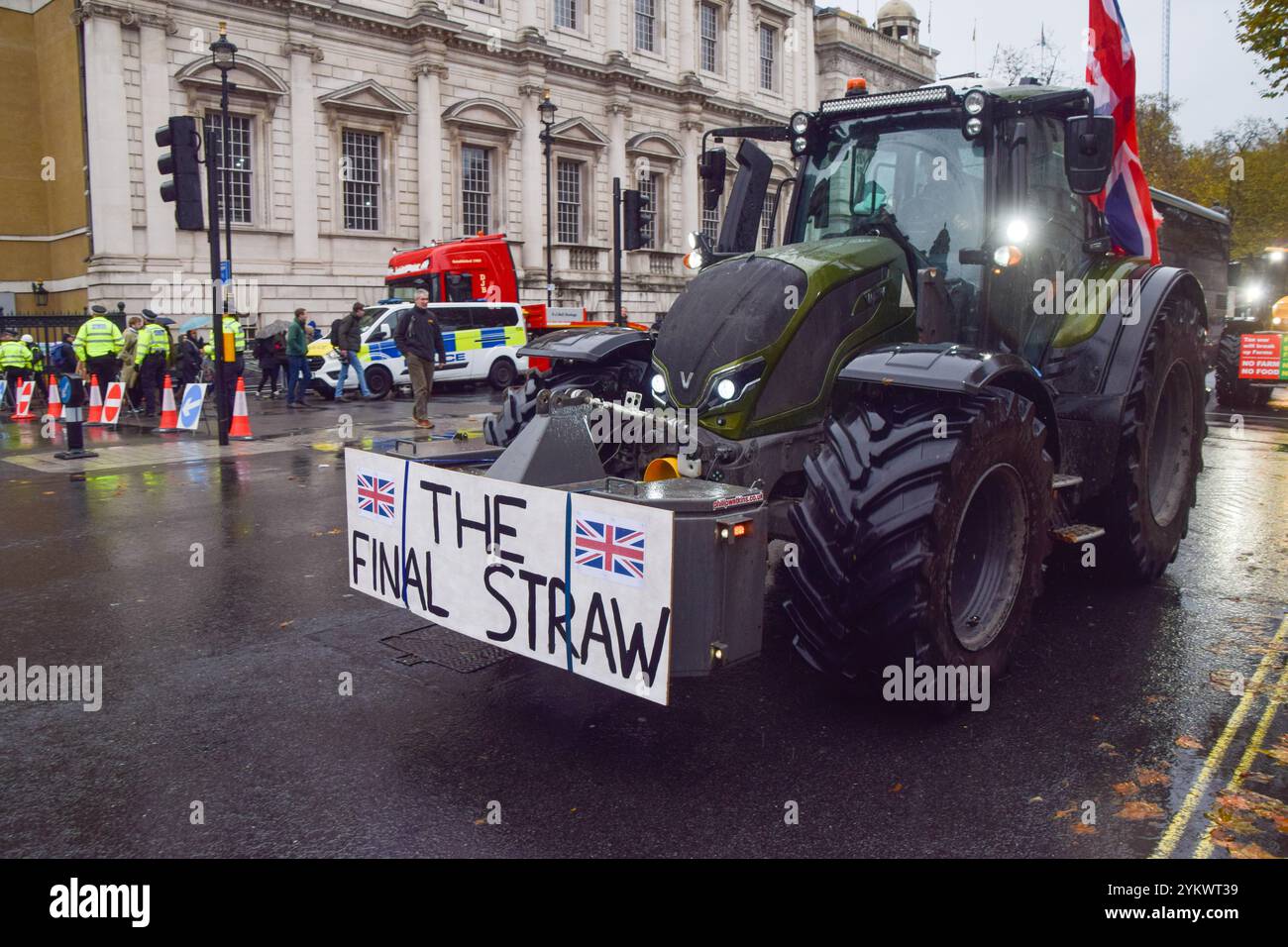 London, UK. 19th Nov, 2024. A tractor with a 'Final straw' placard ...