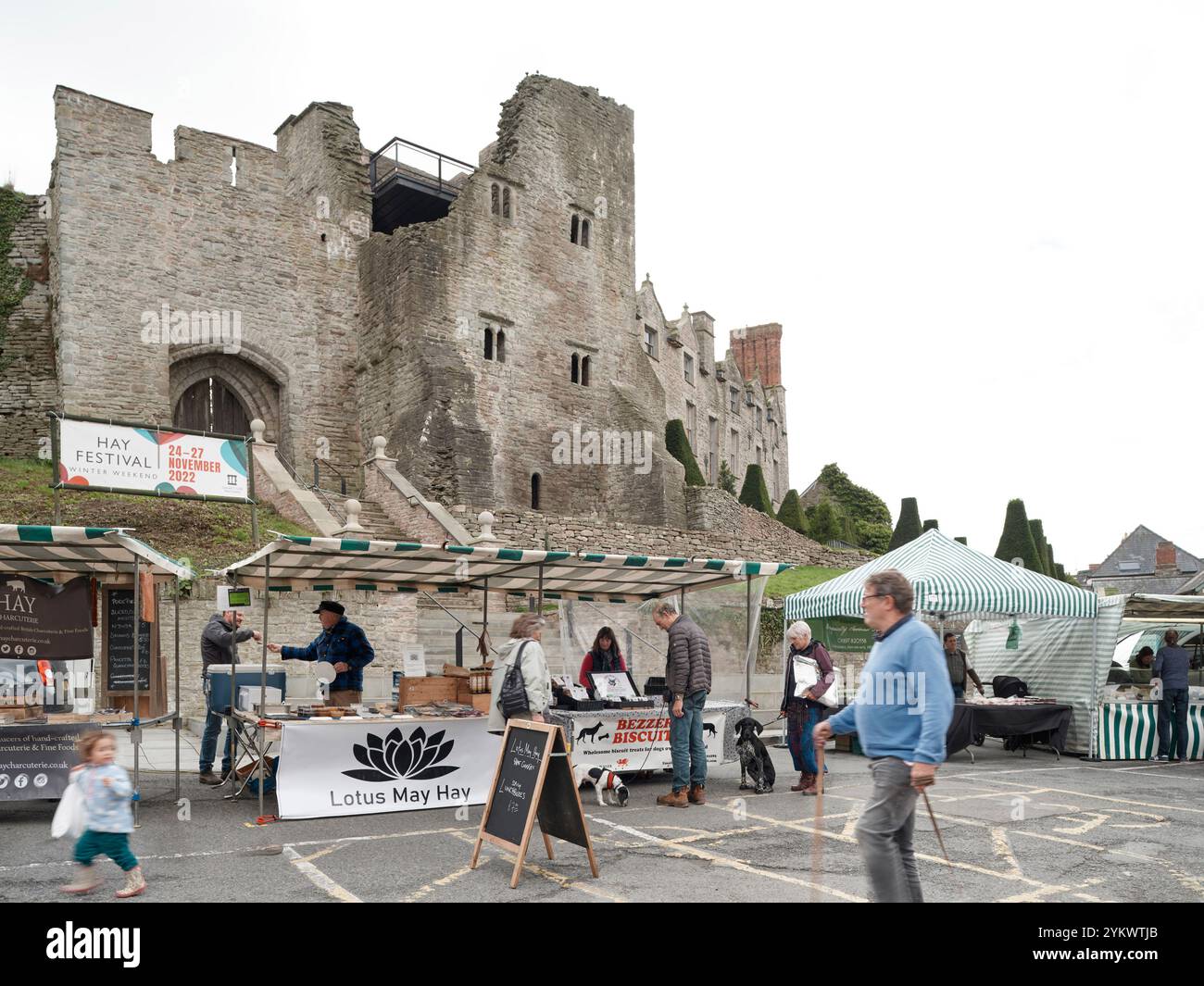 Parking grounds below caste and market stalls. Hay Castle, Hay-on-Wye ...