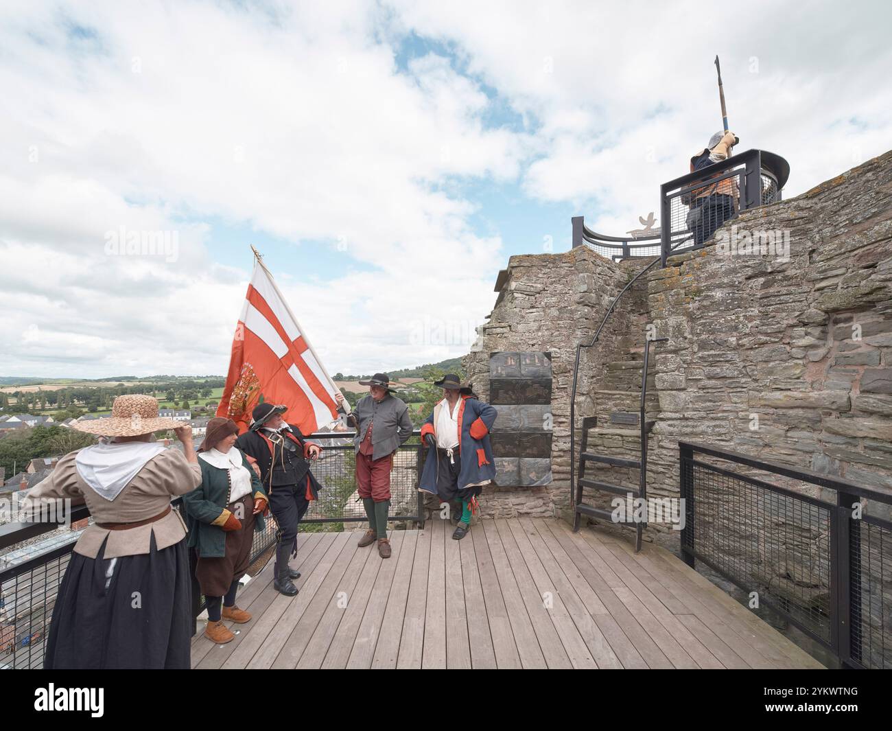 Viewing platform in castle keep during community summer event. Hay ...