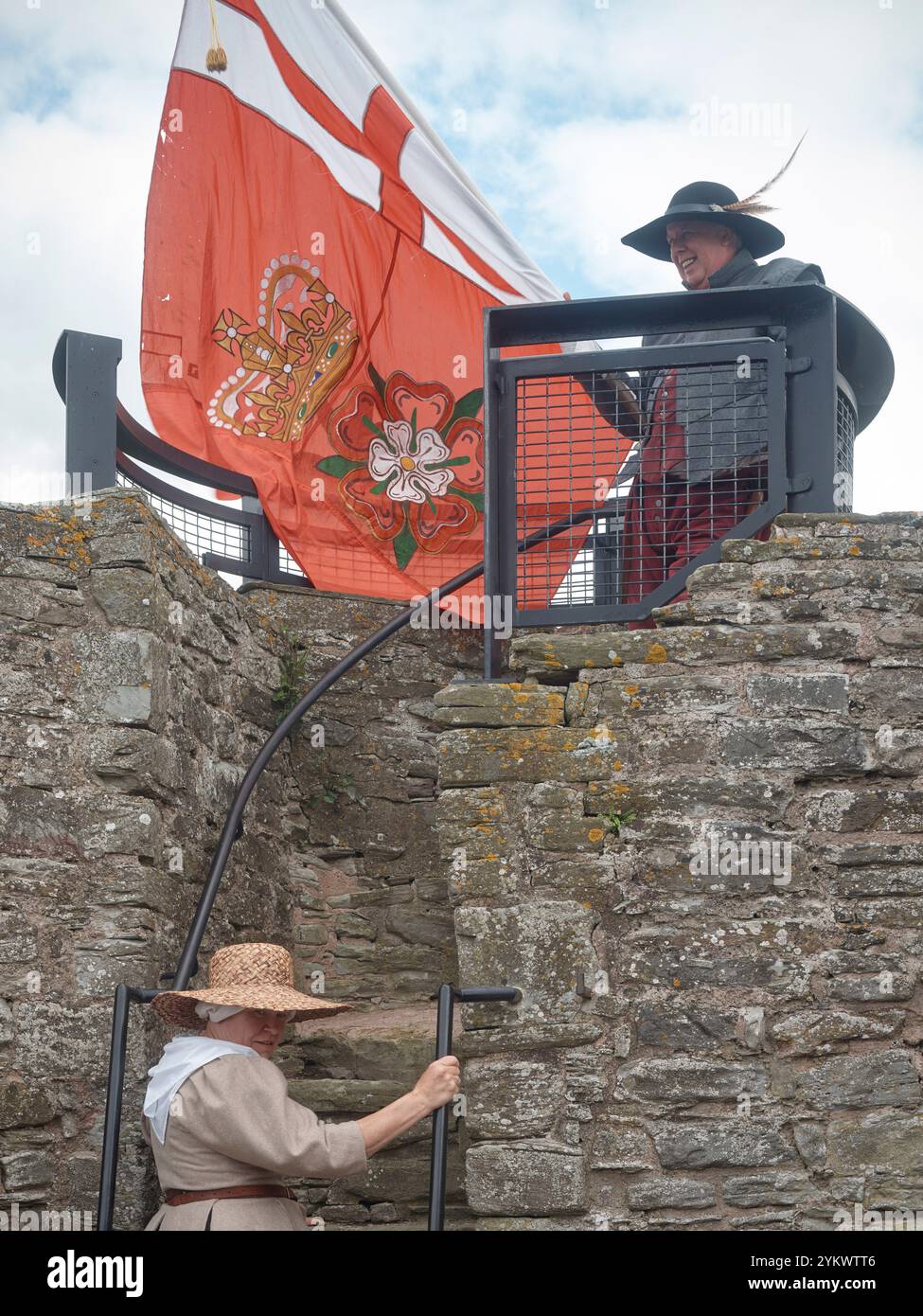 Viewing platform in castle keep during community summer event. Hay ...