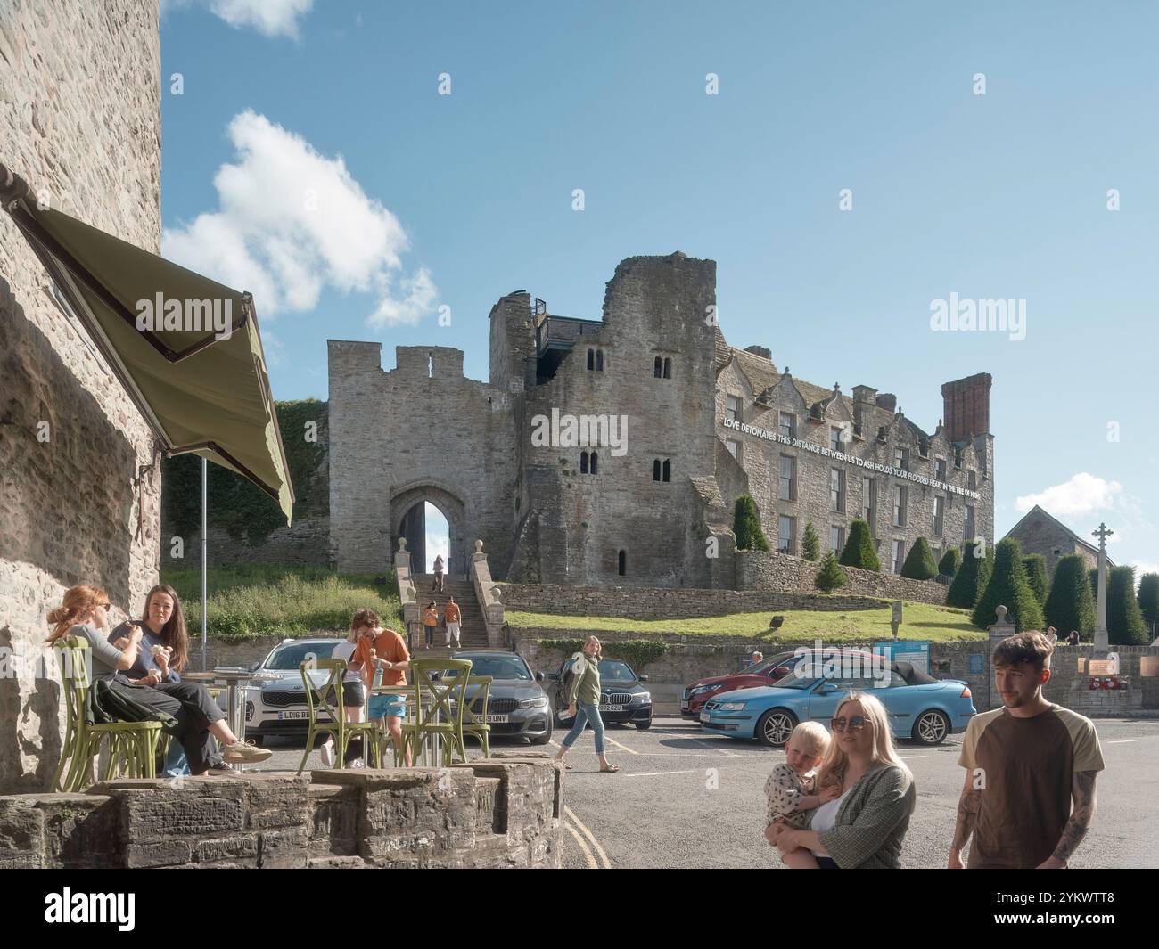 Parking area below castle grounds. Hay Castle, Hay-on-Wye, United ...
