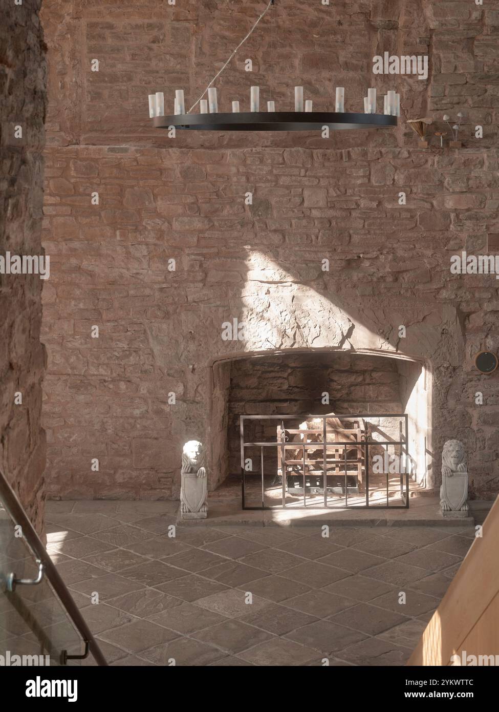 Double-height Great Hall with fireplace. Hay Castle, Hay-on-Wye, United ...