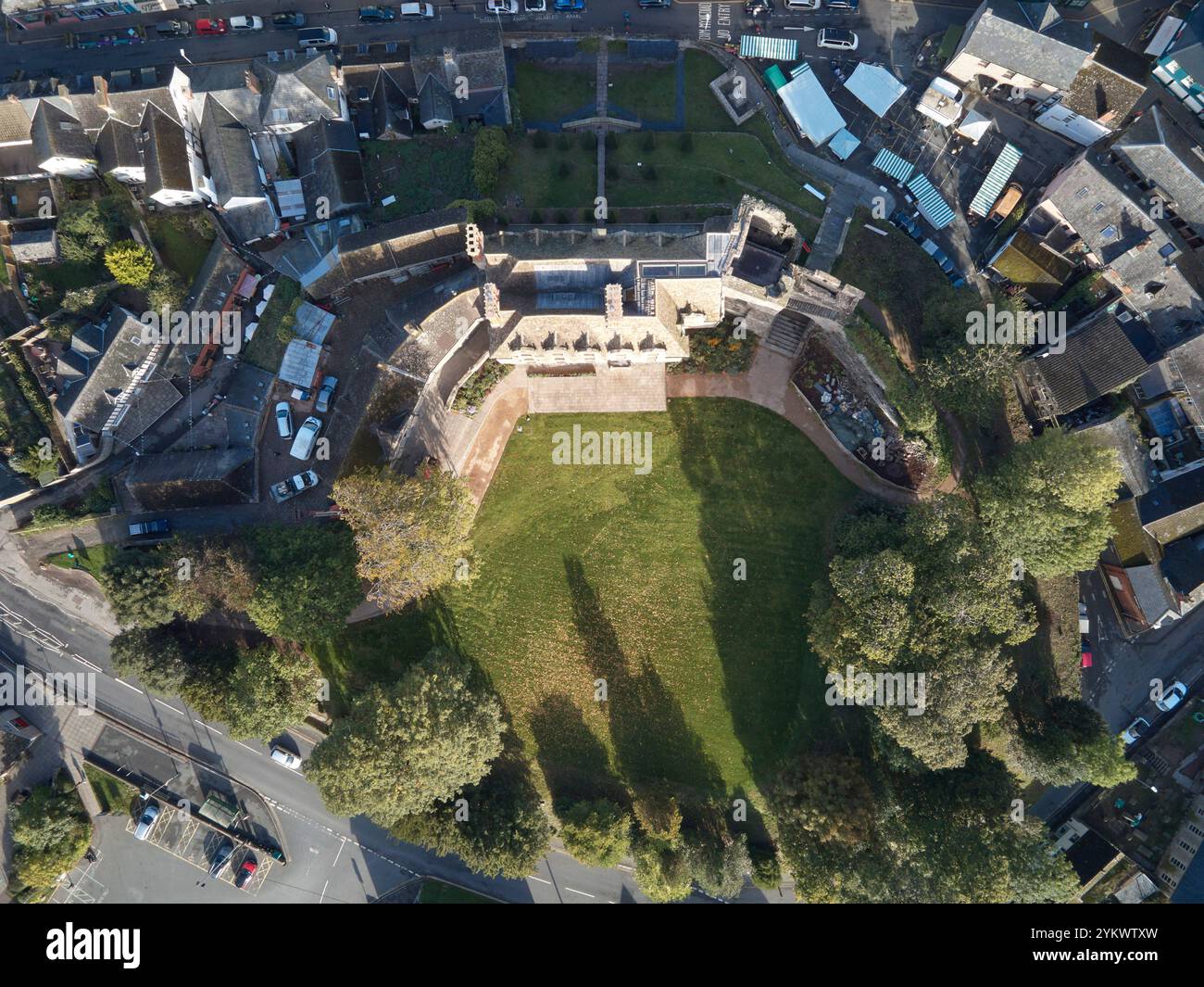 Bird's eye view of historic town, mansion and castle grounds. Hay ...