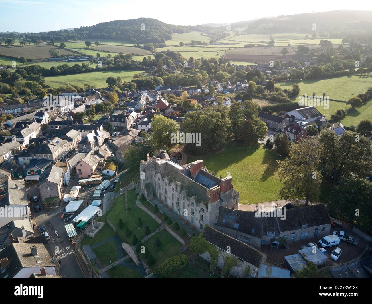 Bird's eye view of historic town, mansion, castle grounds and surrounds ...
