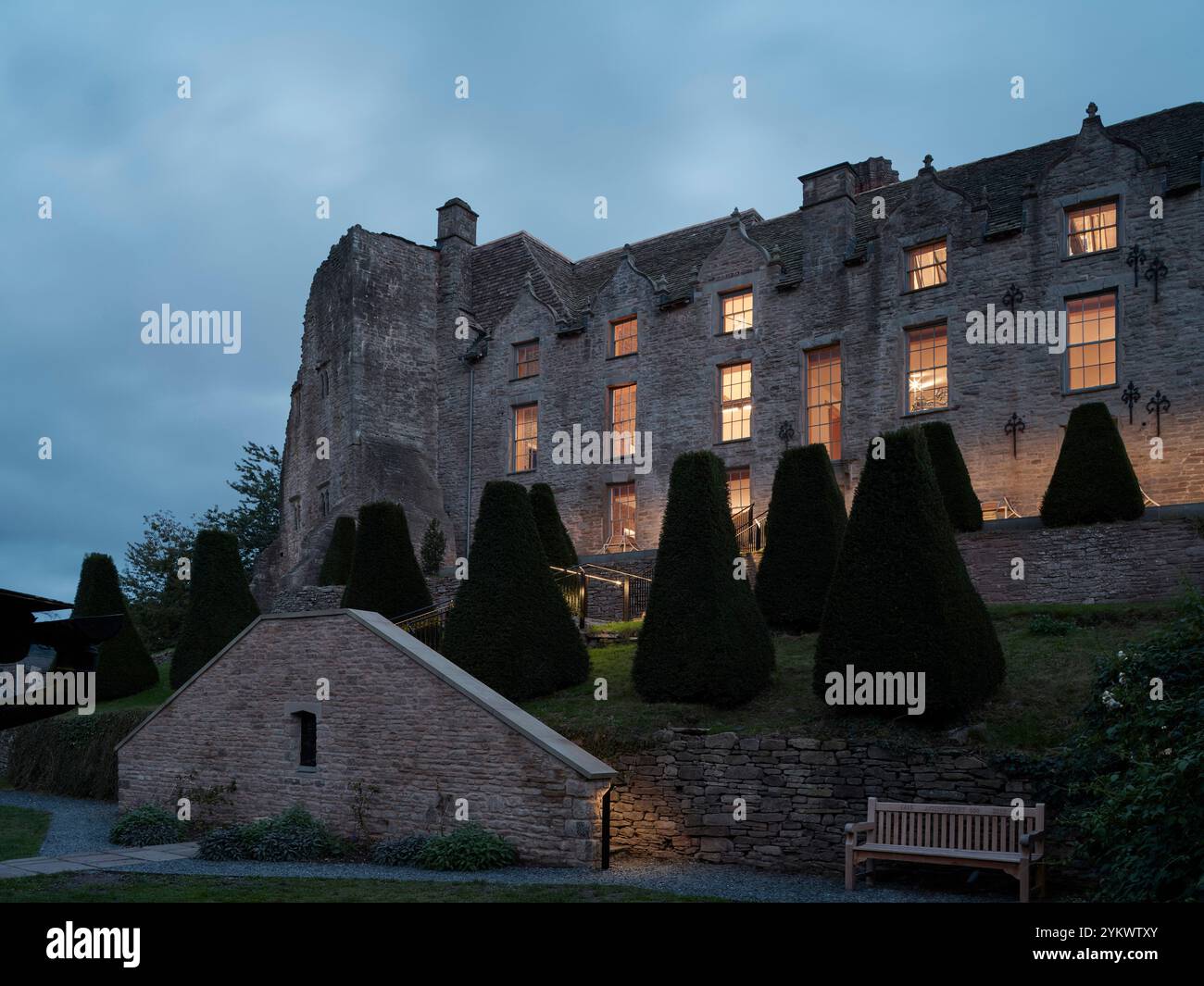 Oblique view towards mansion and garden at dusk. Hay Castle, Hay-on-Wye ...