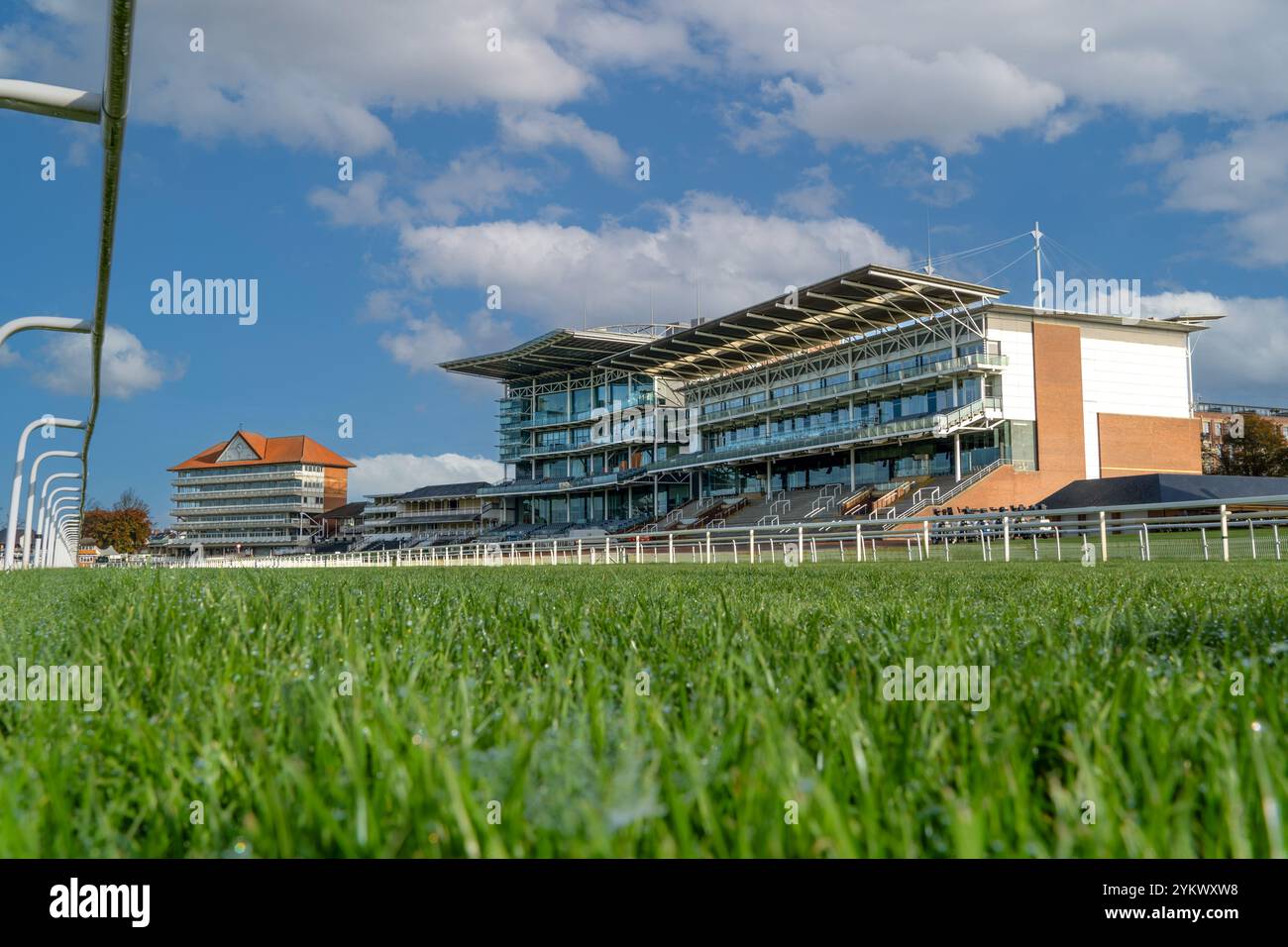 YORK RACECOURSE, YORK, UK - OCTOBER 26, 2024. Low angle panorama ...