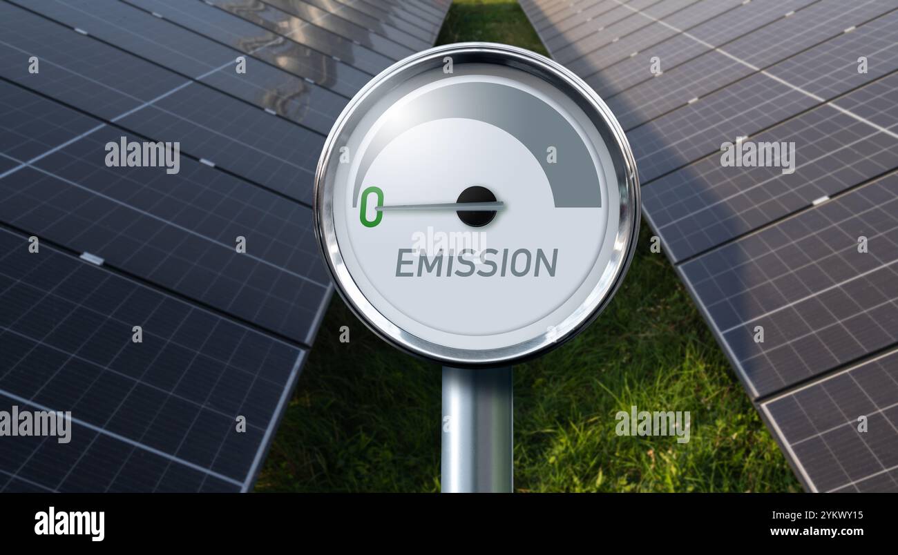 Gauge with inscription EMISSION on a background of renewable energy ...