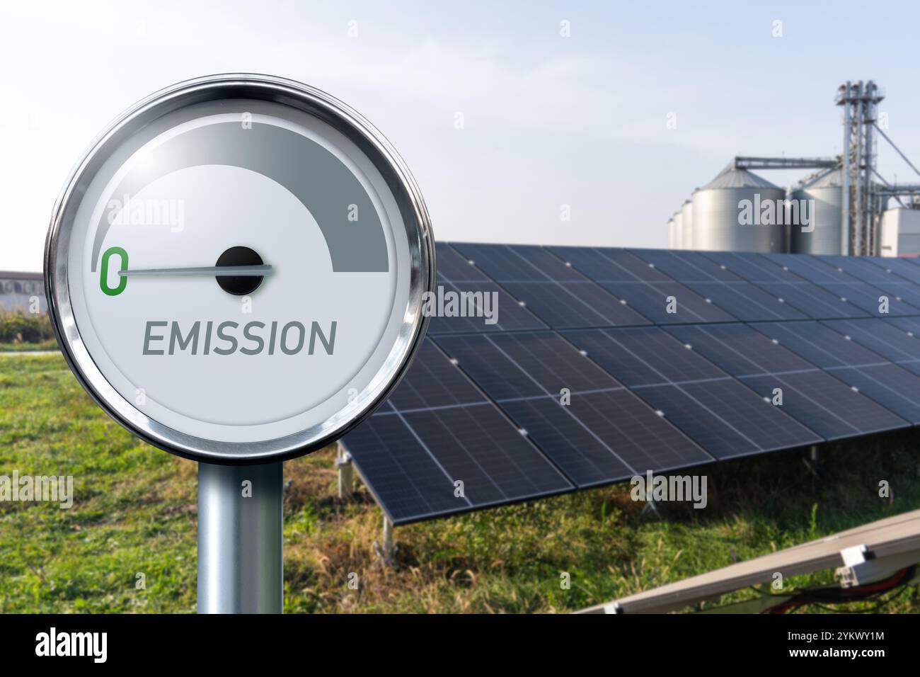 Gauge with inscription EMISSION on a background of renewable energy ...