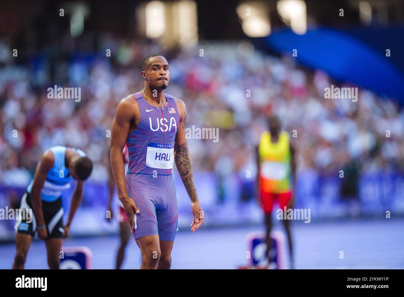 Quincy Hall participating in the 400 meters at the Paris 2024 Olympic ...