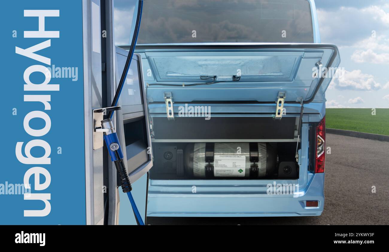 Hydrogen gas station and bus with an open hood and a hydrogen cylinder ...