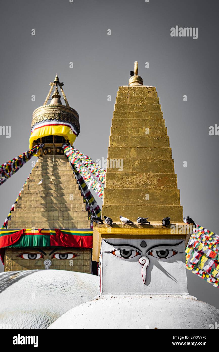 Thirteen golden steps on Boudhanath Stupa in Kathmandu, Nepal Stock ...