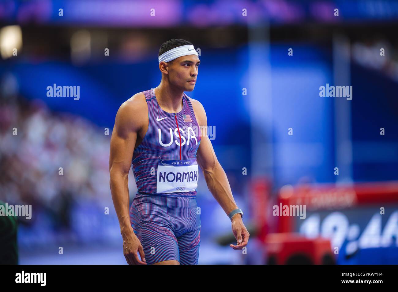 Michael Norman participating in the 400 meters relay at the Paris 2024 ...