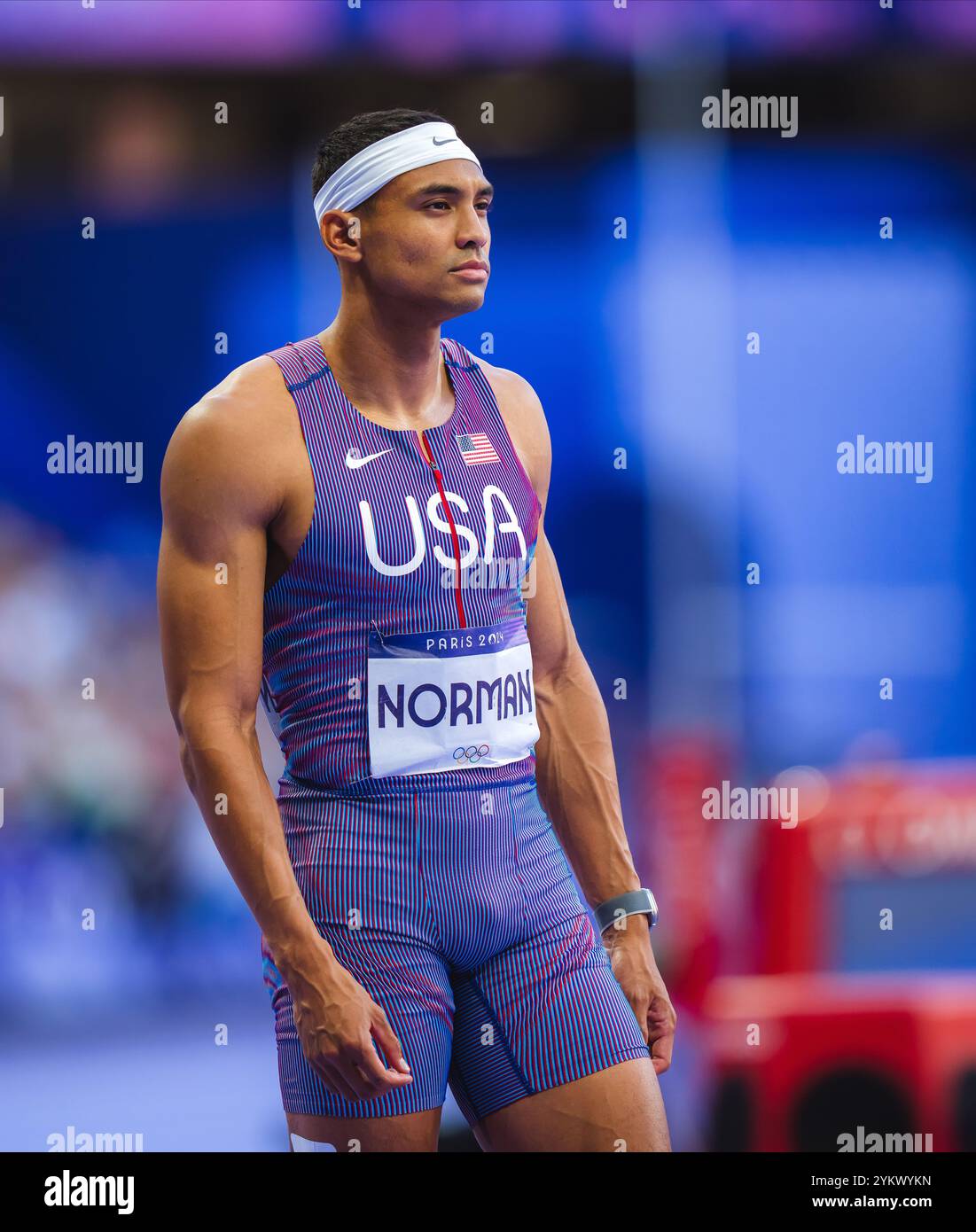 Michael Norman participating in the 400 meters relay at the Paris 2024 ...