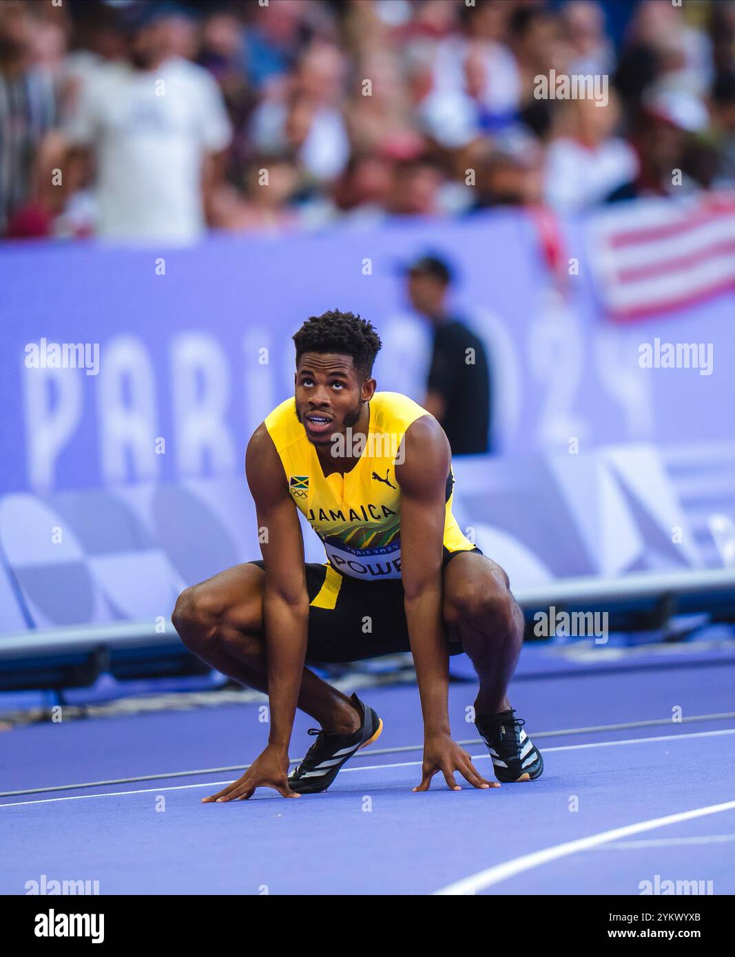 Jevaughn Powell participating in the 400 meters relay at the Paris 2024 ...