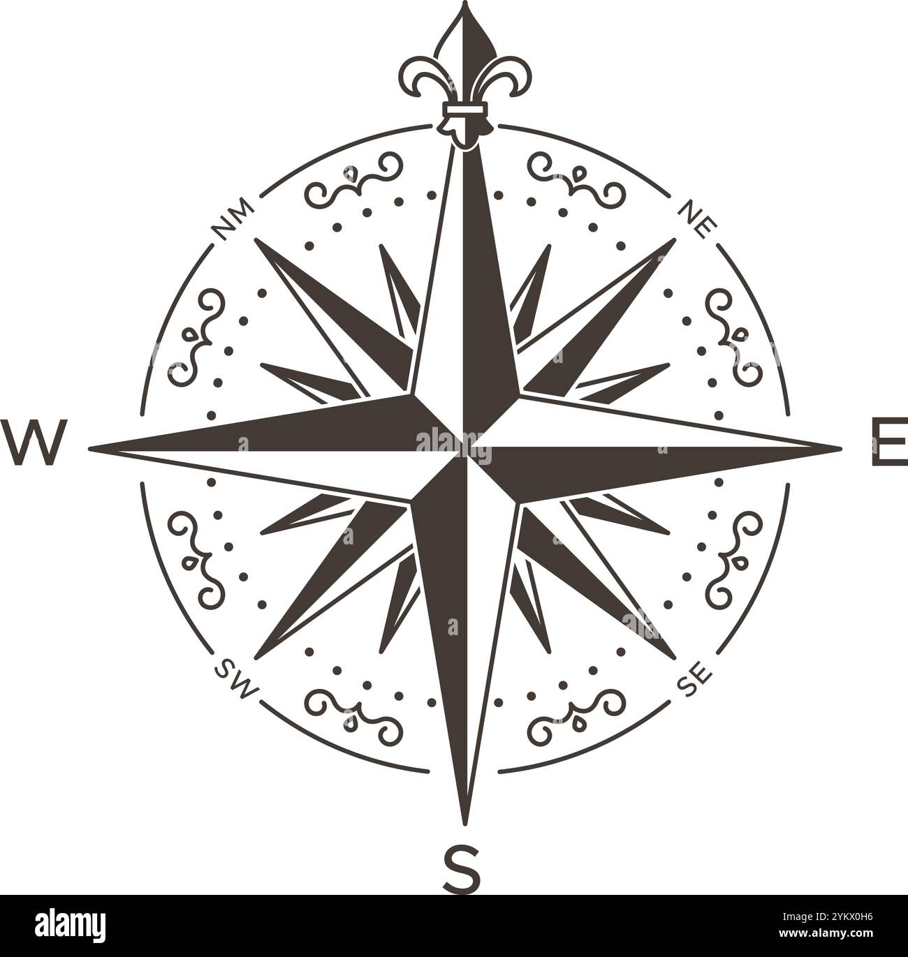 Vintage compass rose with fleur de lis symbol pointing north ...