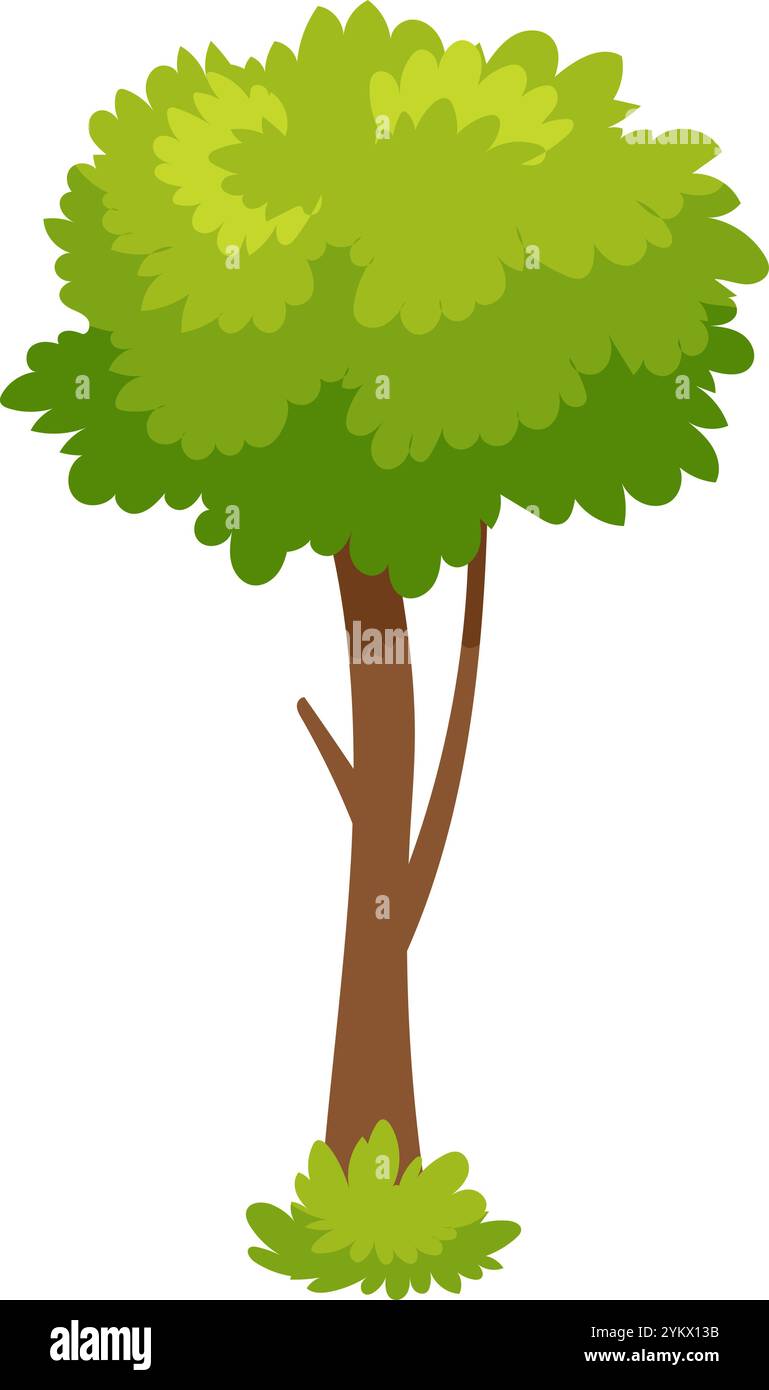 Cartoon tree with green leaves and brown trunk growing on a patch of ...