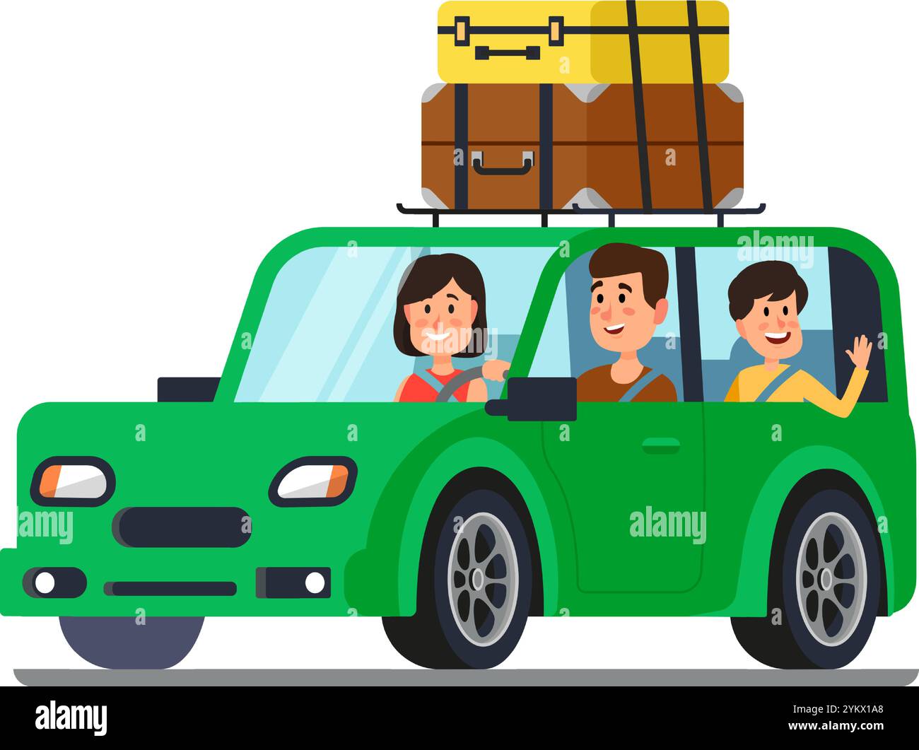 Happy family traveling by green car with luggage on the roof rack, mother driving the car ...