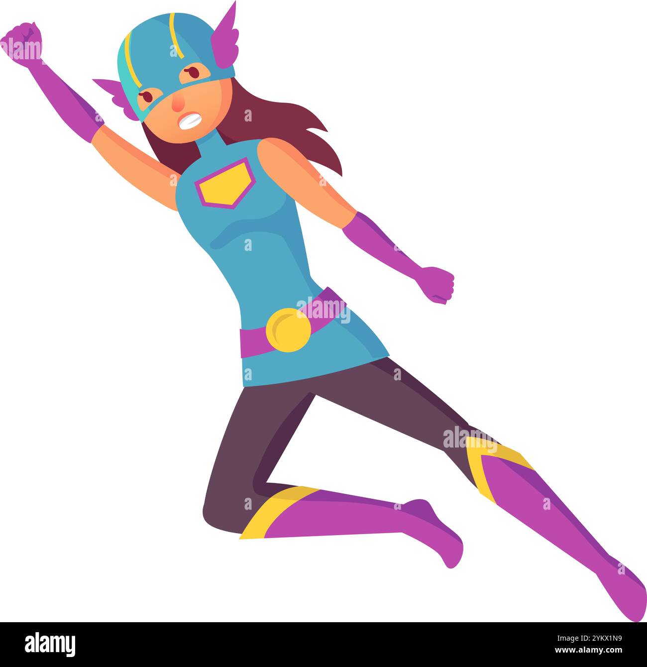 Powerful female superhero in colorful costume flying with fist raised ...