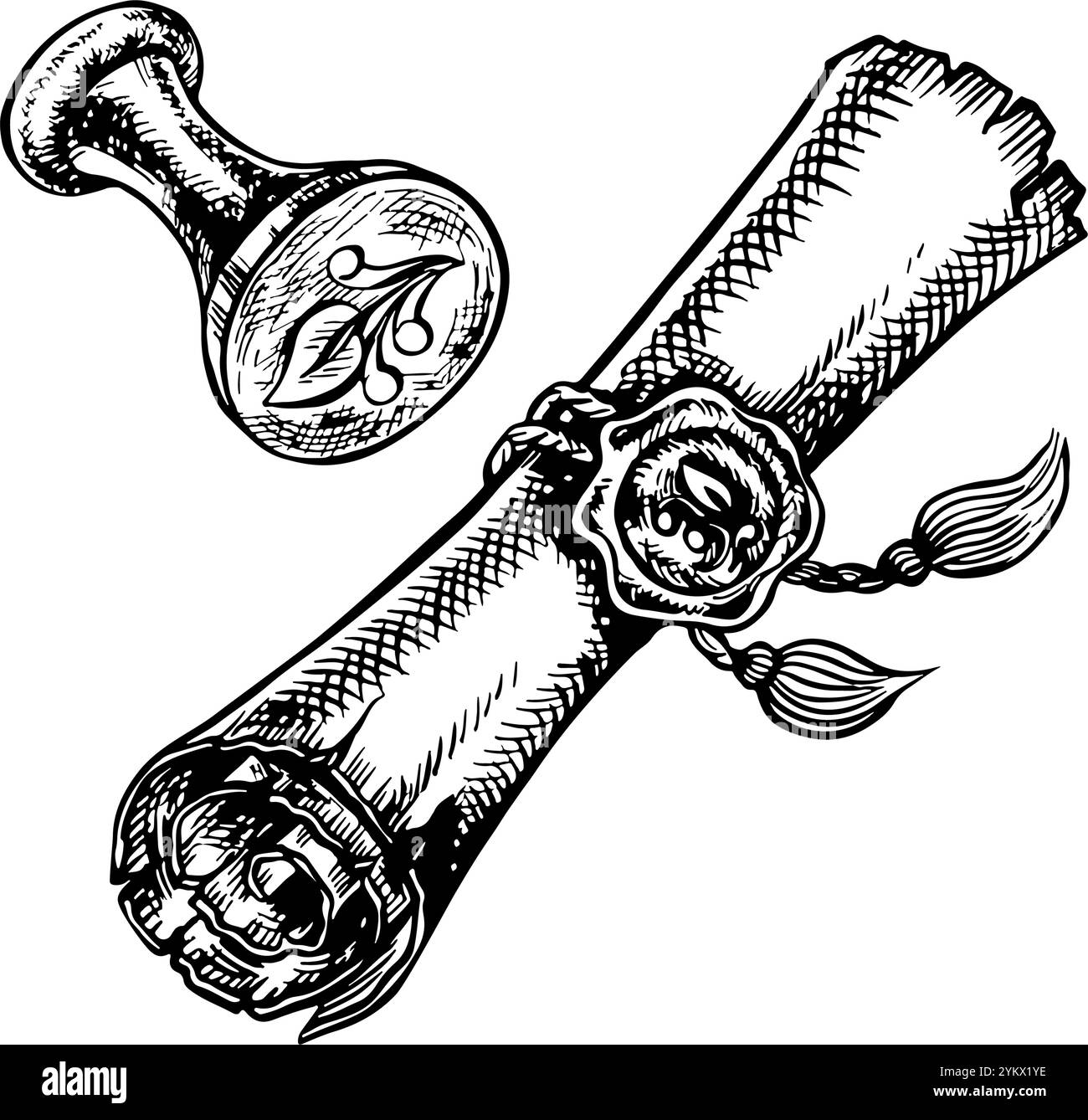 An ancient scroll sealed with a seal and a sealing wax stamp. Vector ...