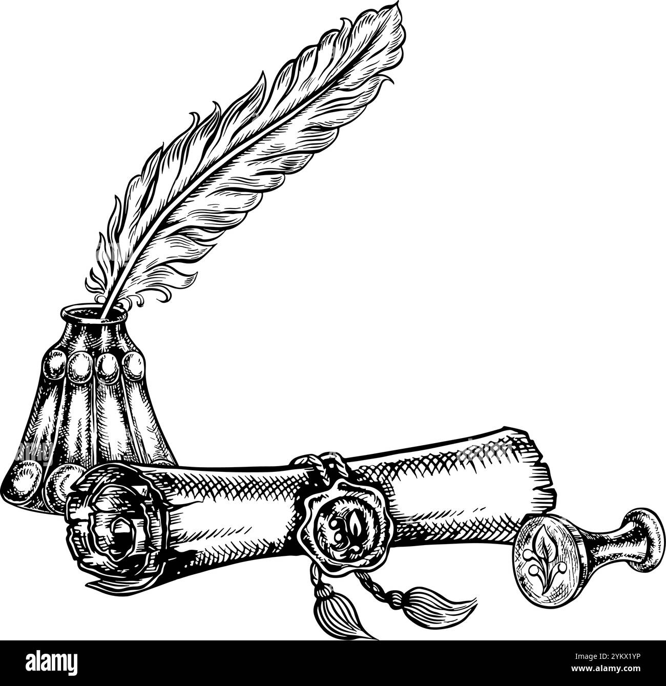 An ancient manuscript, a scroll, a sealed inkwell and a pen. Vector ...