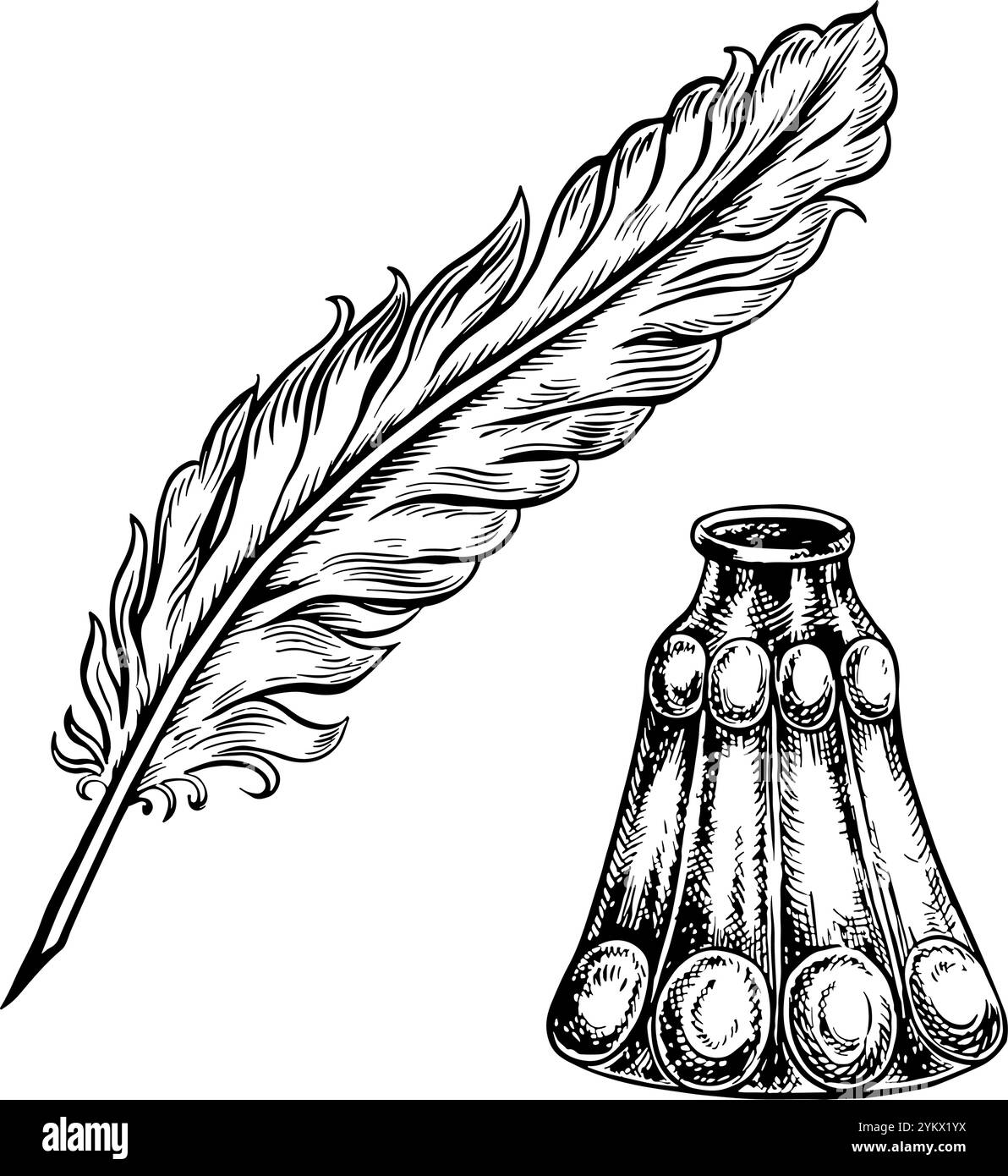 The inkwell and pen are made in vintage style. Vector black and white ...