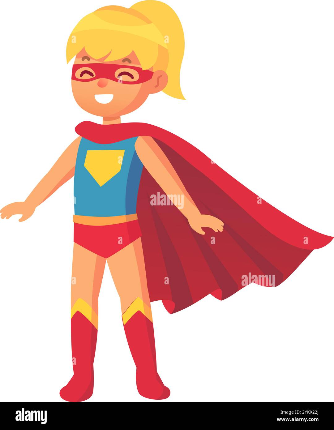 Cute little girl wearing superhero costume with red cape and mask ...