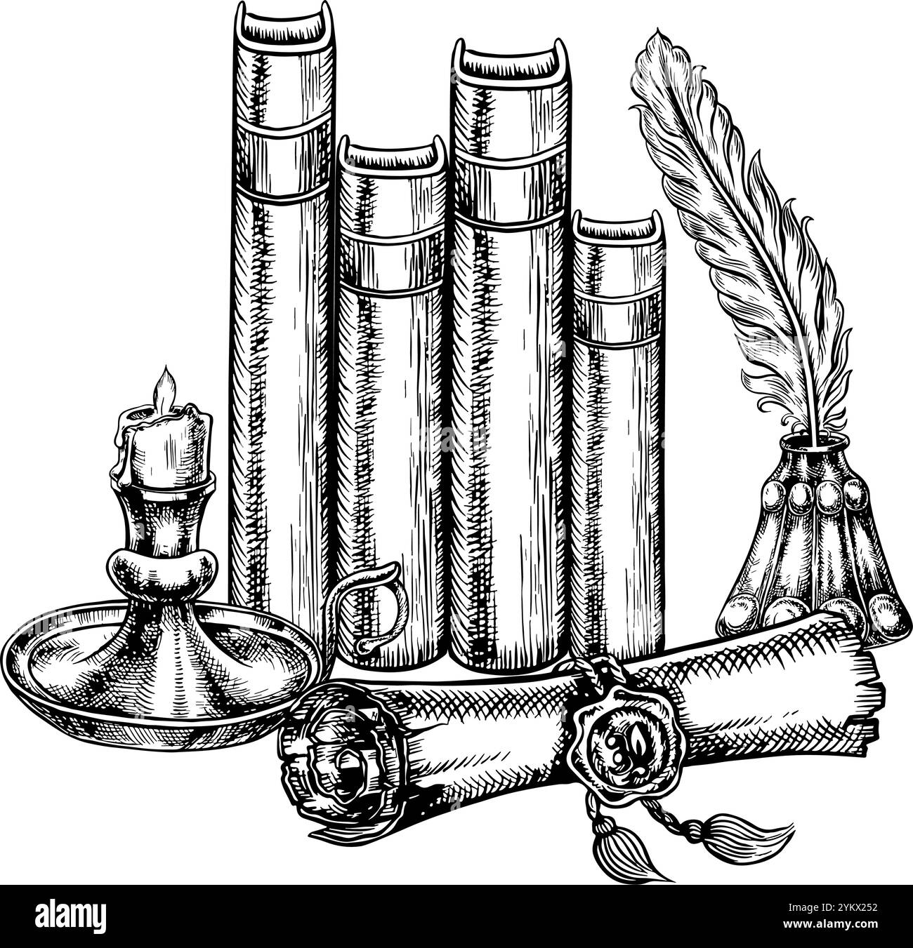 An ancient manuscript. Vector black and white graphics with images of ...